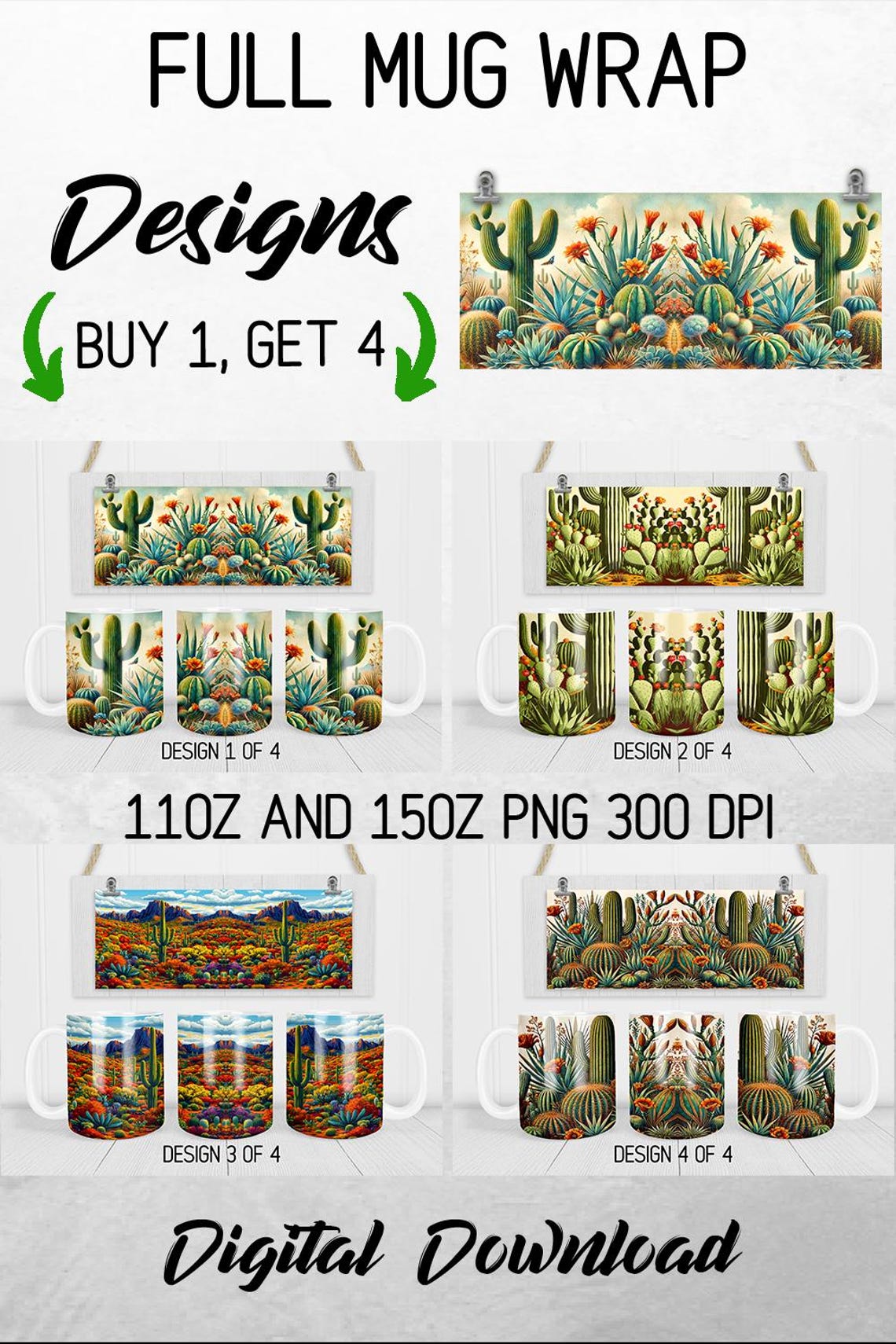 Southwestern Cactus Mug Wrap Bundle Boho Succulent Mug PNG Design ...