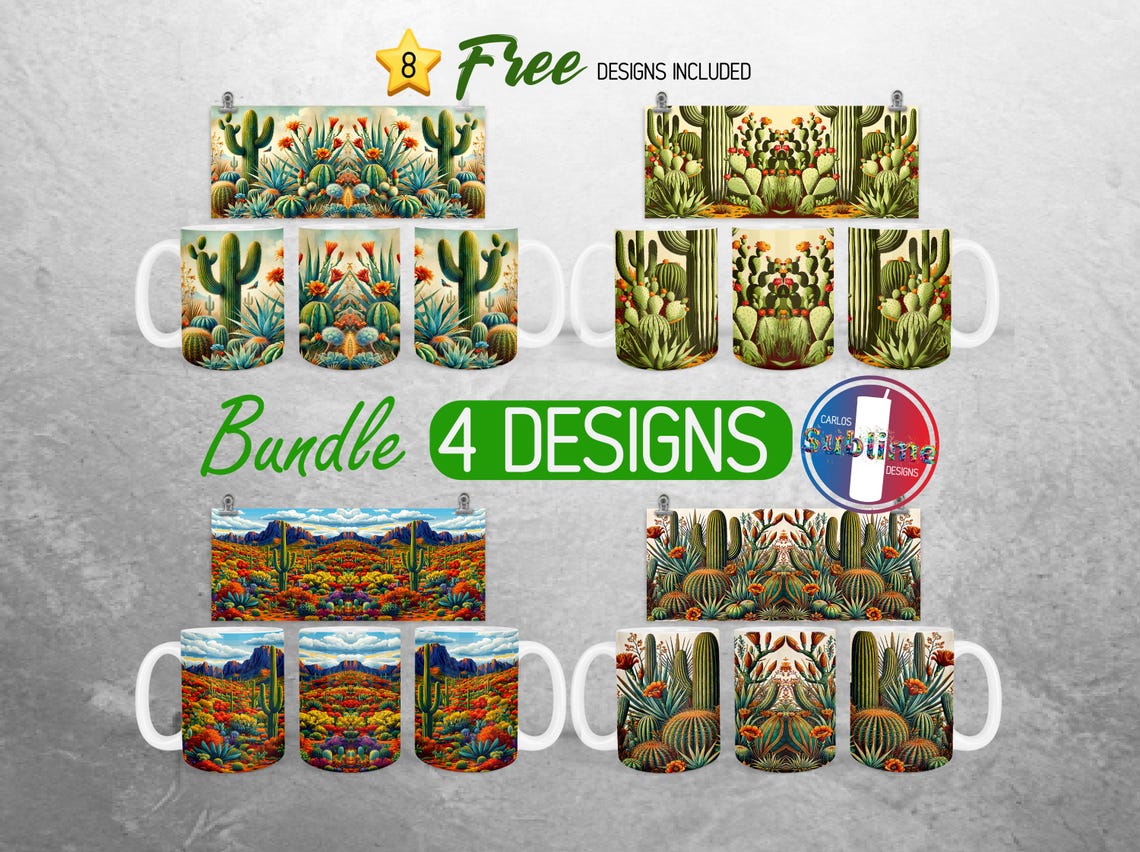 Southwestern Cactus Mug Wrap Bundle Boho Succulent Mug PNG Design ...