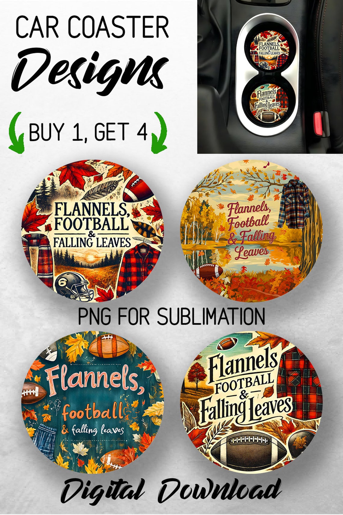 Football Country Fall Car Coaster PNG Bundle Rustic Autumn Leaves ...