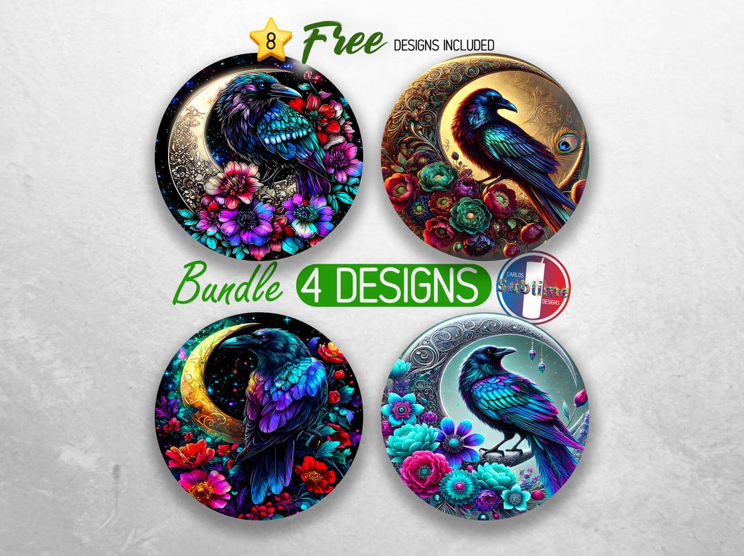 Iridescent Raven Car Coaster PNG Bundle Floral Moon Coaster Png ...