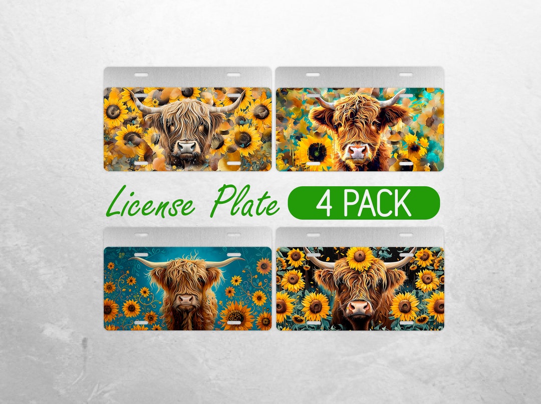 Highland Cow Sunflower License Plate PNG Cute Highland Cow License ...