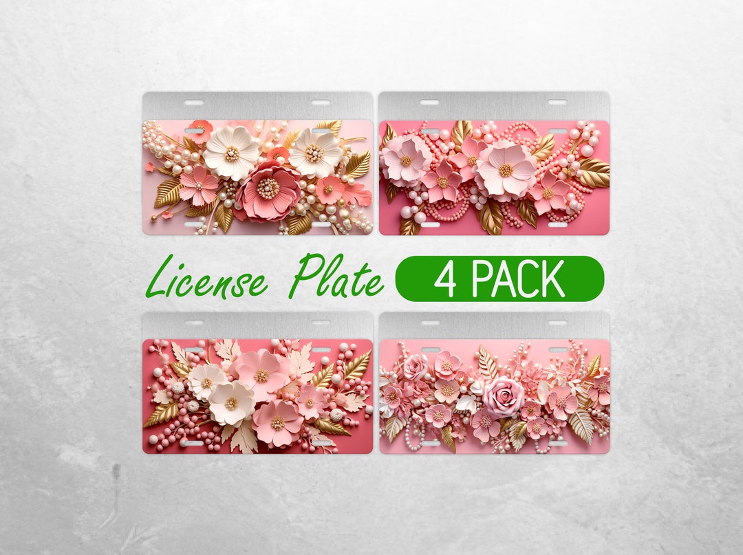 3D Pink Flower License Plate PNG Gold Pearls License Plate Design White ...