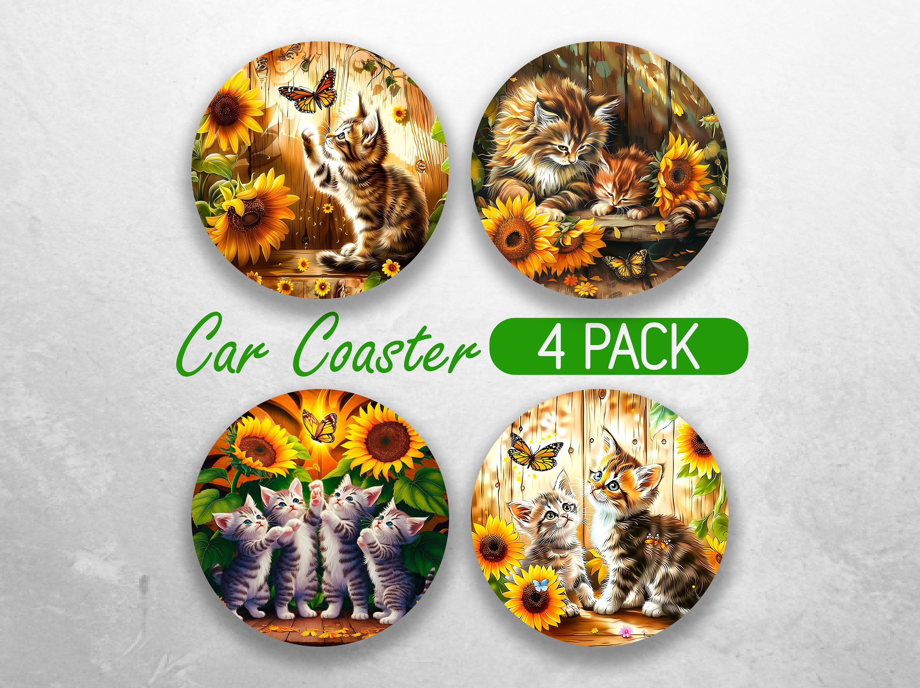 Cute Kitten Car Coaster PNG Butterfly Cat Car Coaster Sublimation ...