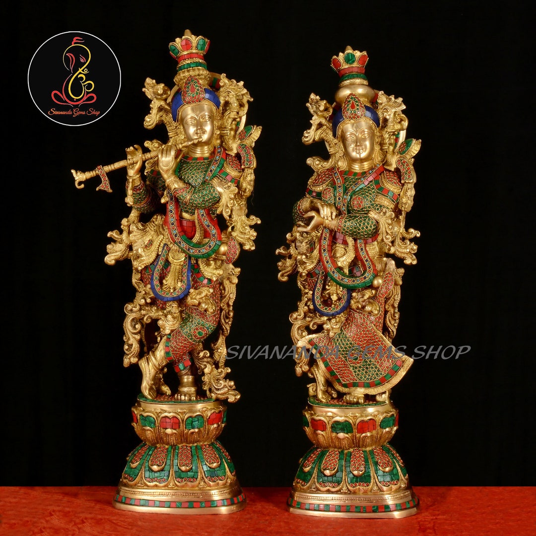 Radha Krishna Brass Statue With Mosaic Stonework, 75 Cm Big Large Brass ...