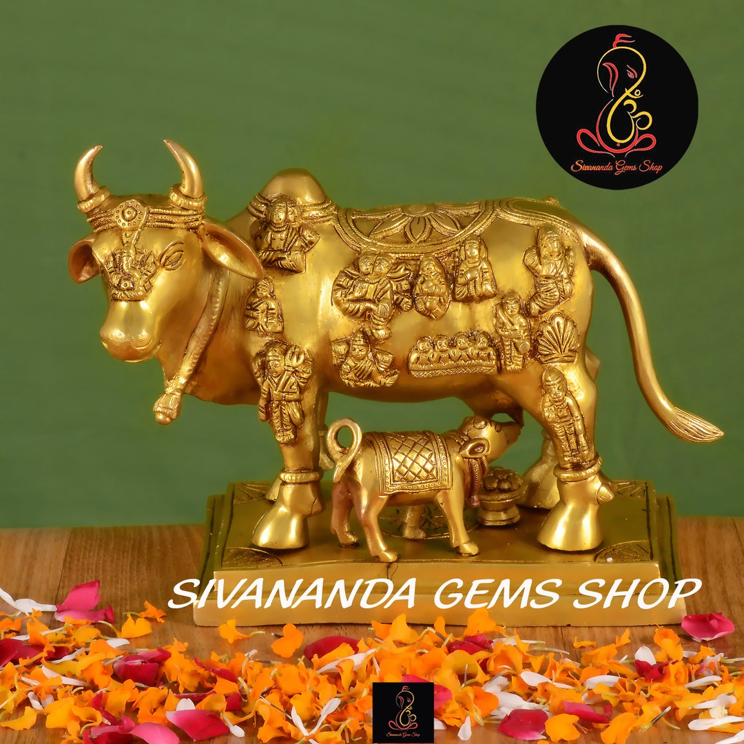Brass Kamdhenu Cow With Calf Showpiece, Holy Cow Idol, Showpiece for ...