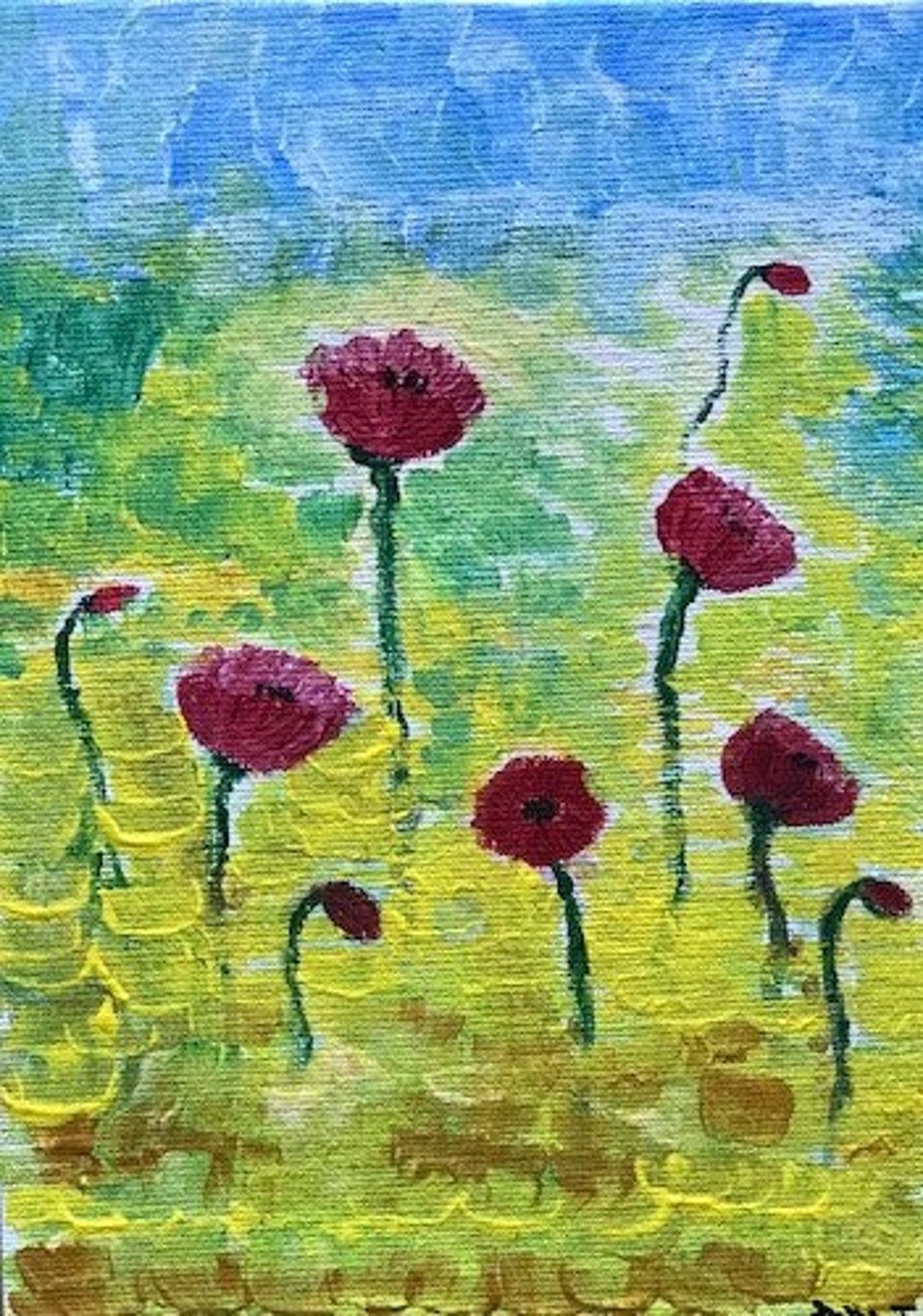 Signed Original Painting, Naive Folk Art, Happy Art - Poppies in the ...