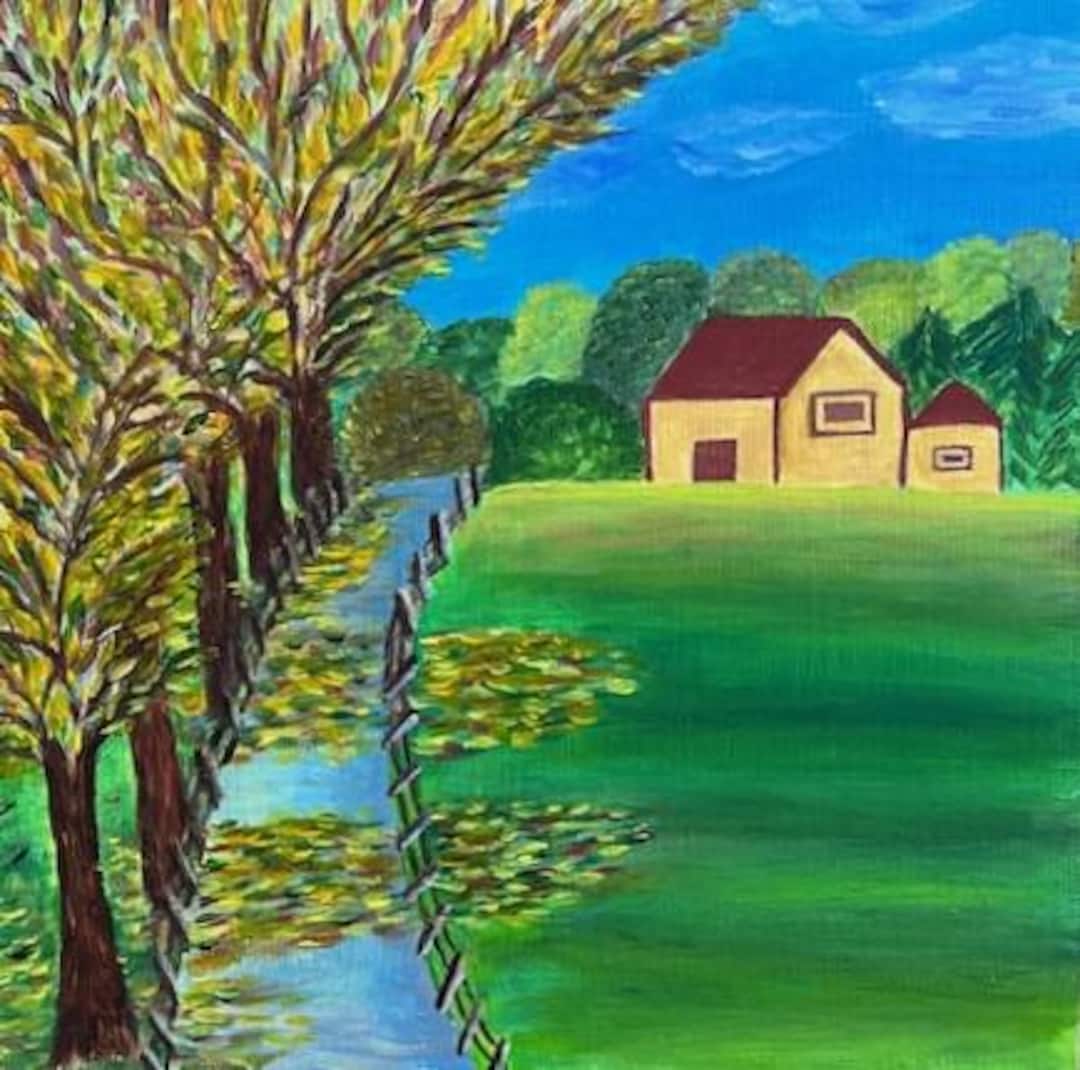 Signed Original Painting, Naive Folk Art, Happy Art - Autumn Landscape ...