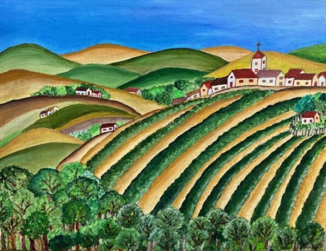 Signed Original Painting, Naive Folk Art, Happy Art - Fall Landscape 16 ...