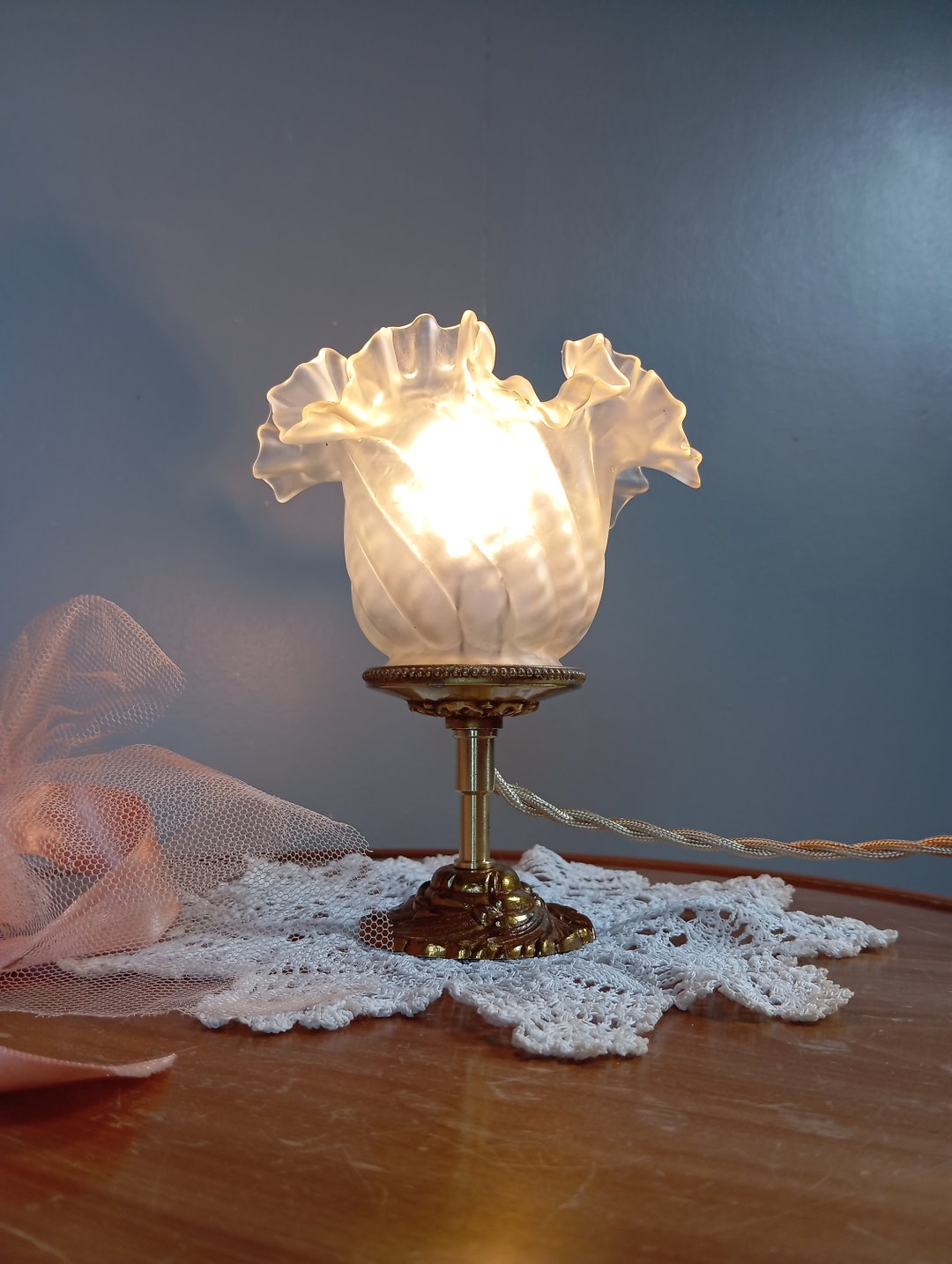 URSULA Table Lamp, Frilly Frosted Glass Tulip, Art Deco Style - Etsy