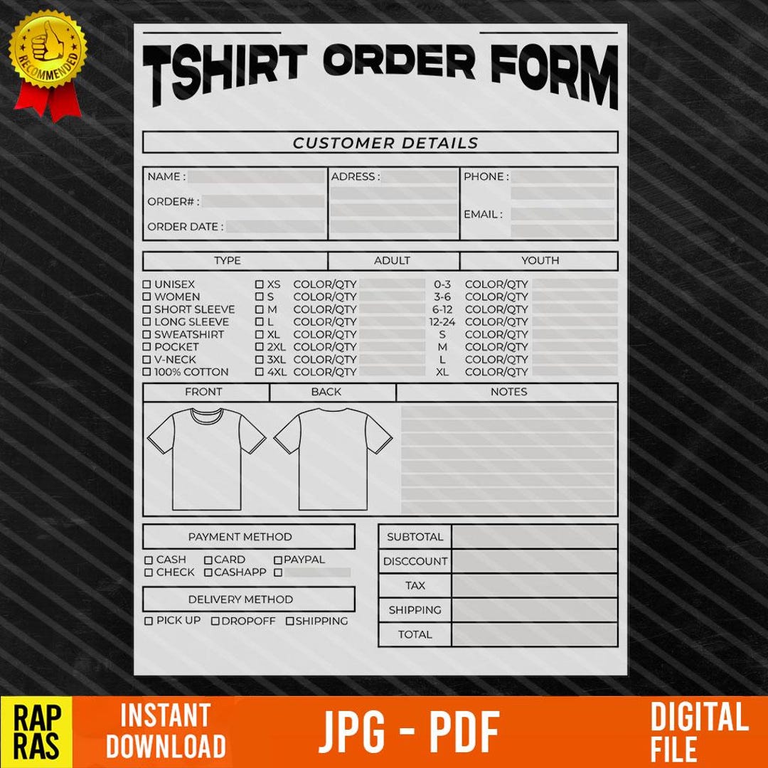 Fillable T-shirt Order Form Template, Printable T-shirt Order Form JPG ...