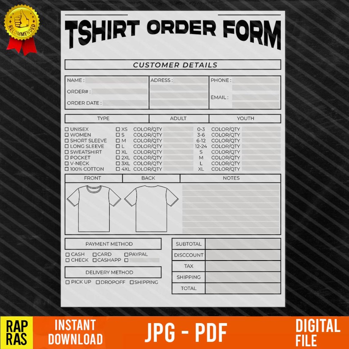 Fillable T-shirt Order Form Template, Printable T-shirt Order Form JPG ...