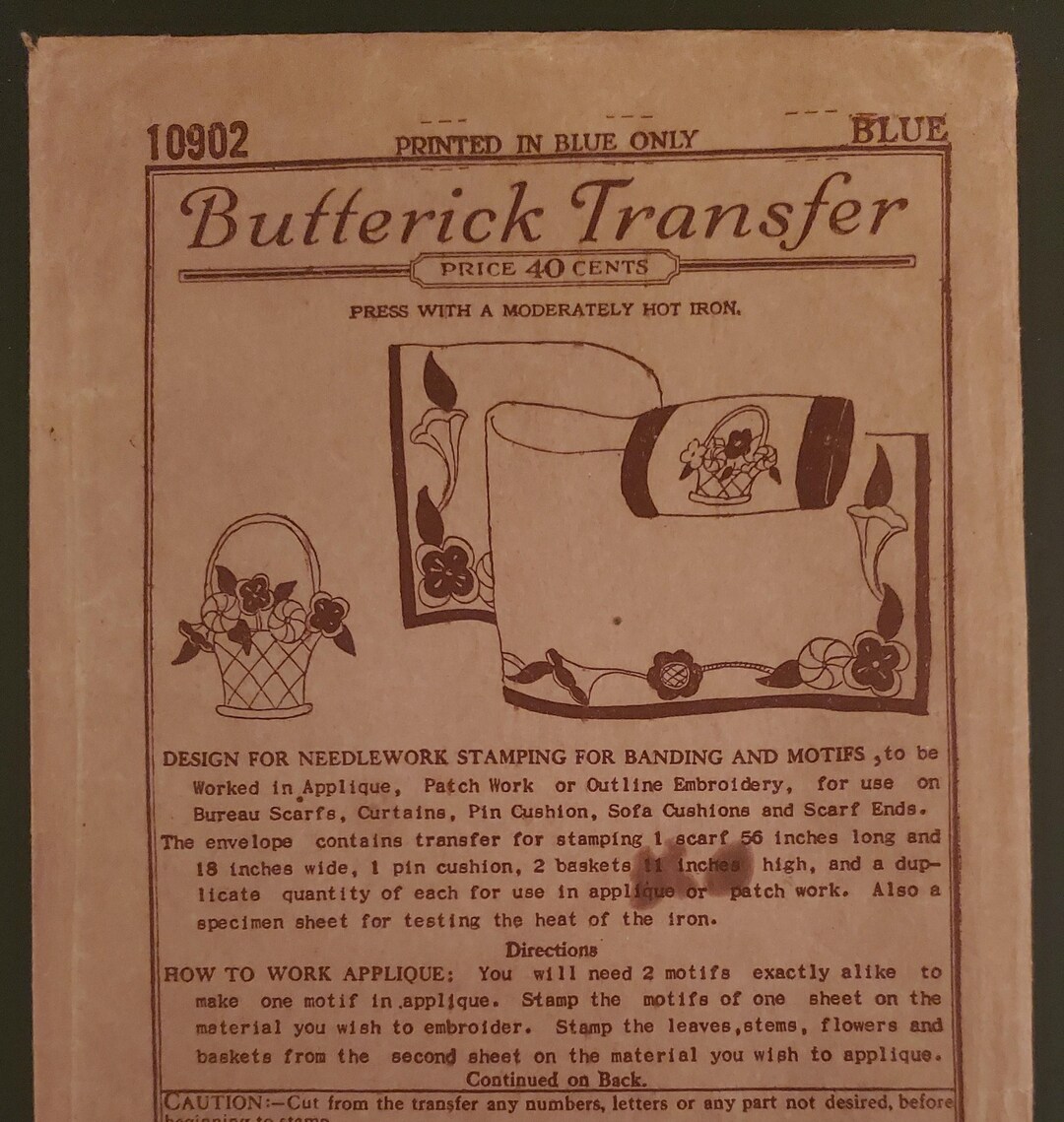 Antique 1920's Butterick Transfer Pattern 10902 With Basket and Flower ...