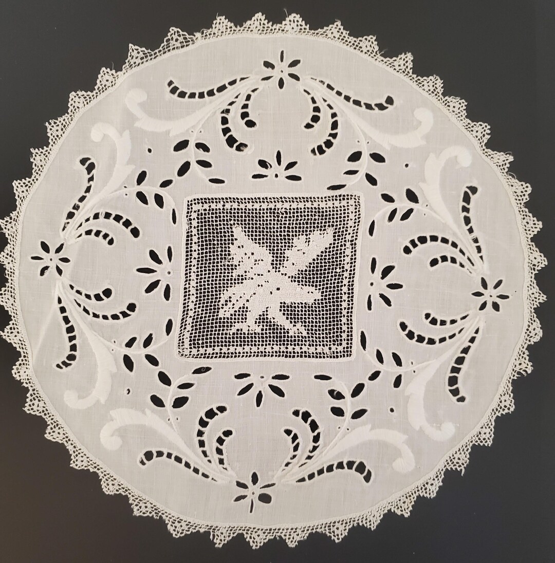 Vintage 1930's Linen Doily With White Work Embroidery and Cutwork With ...