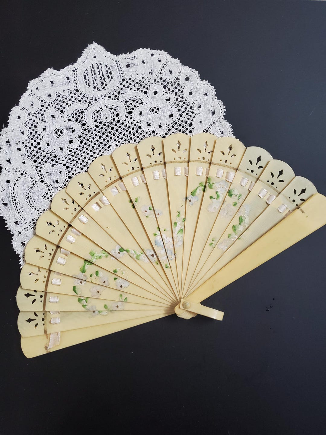 Vintage 1920's Pierced Celluloid Hand Fan With Painted Light Blue and ...