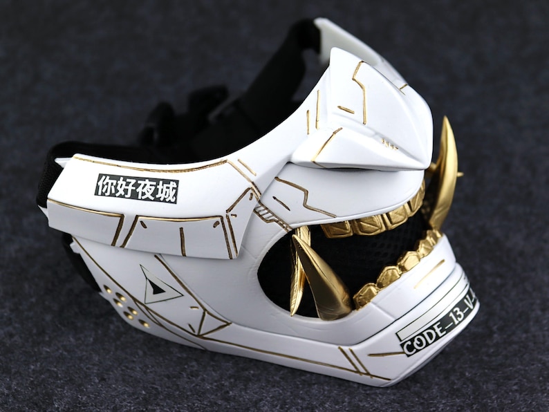 Oni Cyber Samurai Cosplay Mask - Matte White/gold Stripes - Etsy