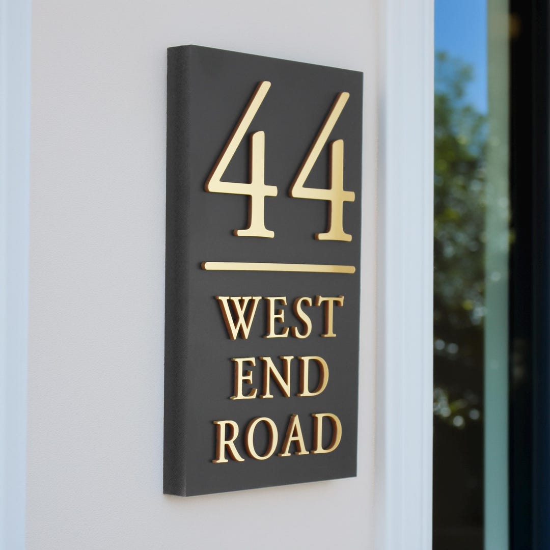 Portrait Matte Black House Sign, Modern Outdoor Number Plaque With Gold ...