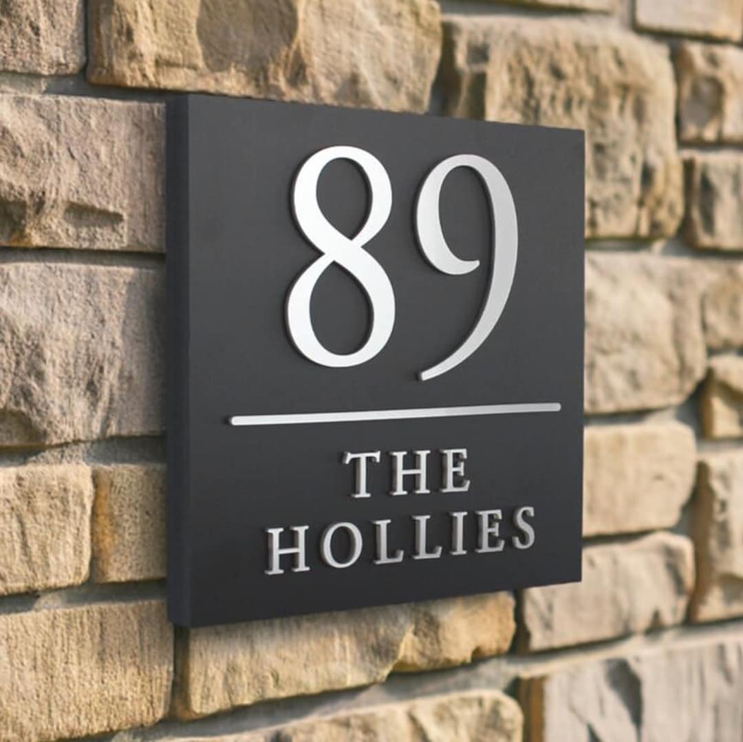 Square Matte Black House Sign – Silver Raised Lettering With Dividing ...