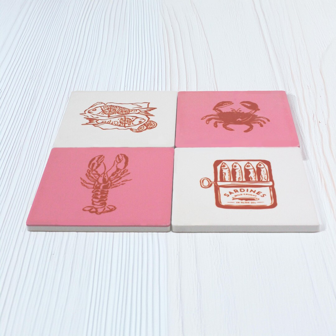 Seafood Ceramic Coasters: Coastal Kitchen Decor, Set of 4 - Etsy
