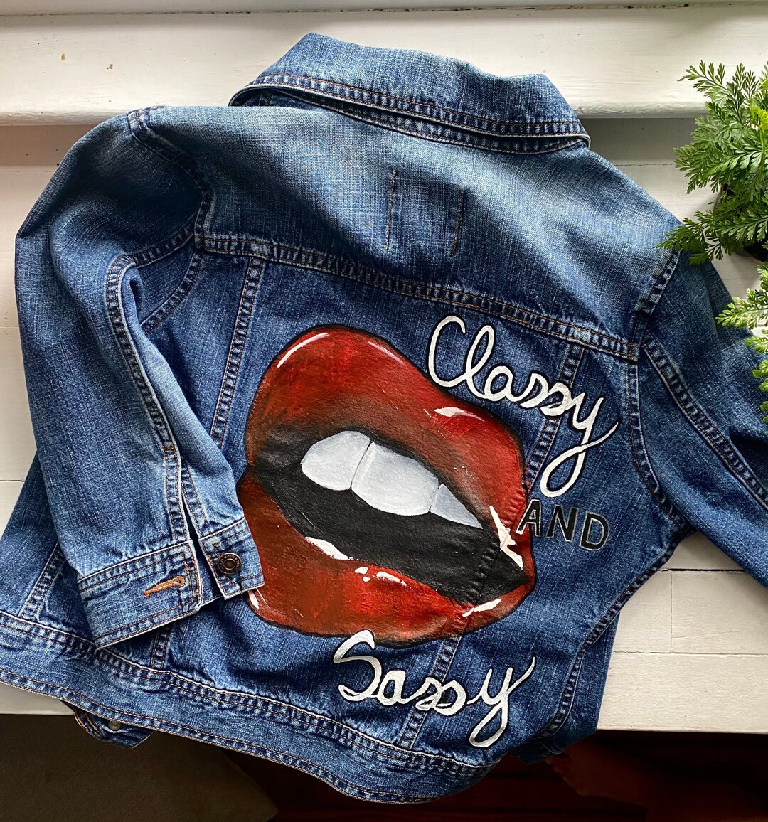 Pin up Rocker "classy and Sassy" Hand Painted Red Lips Denim Jacket - Etsy