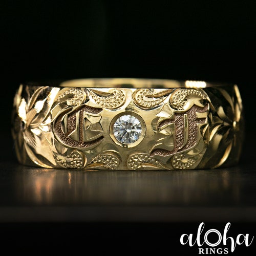 14K Solid Gold Old English Hawaiian Jewelry Ring With Diamond | Etsy