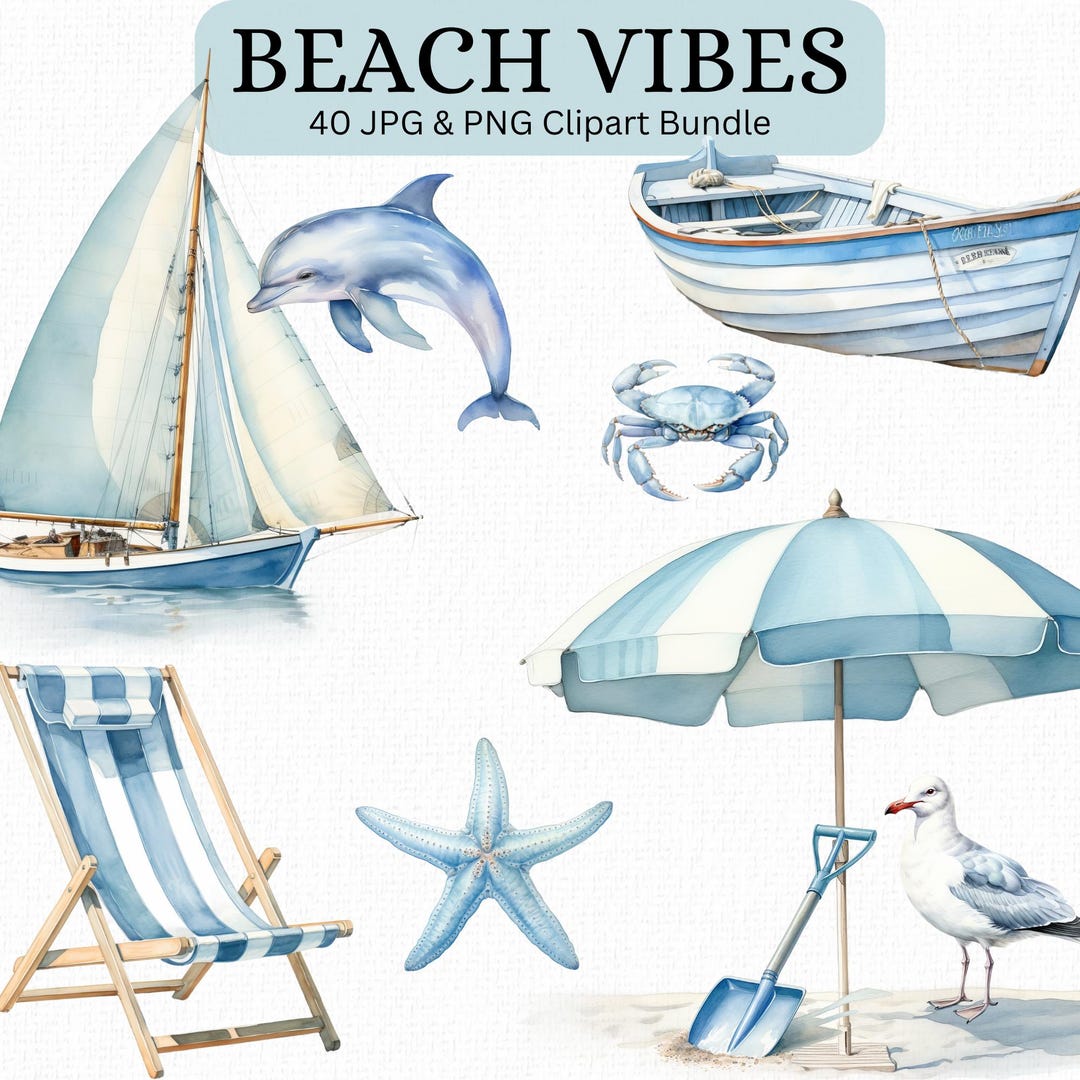 Beach Vibes Watercolor Clipart Set, Coastal Elements, Nautical ...