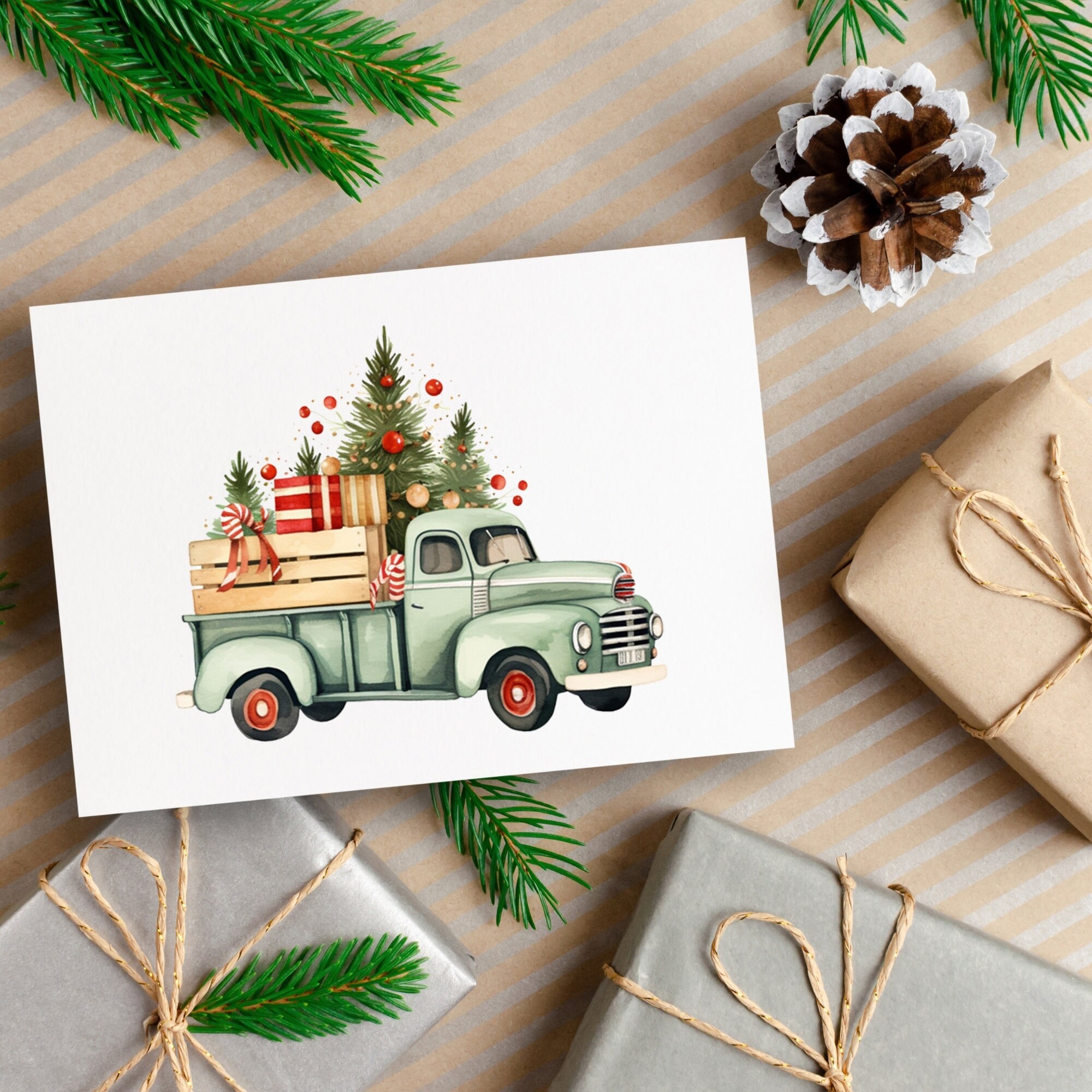 Christmas Green Truck Clipart Watercolor Christmas Tree Truck Clipart ...