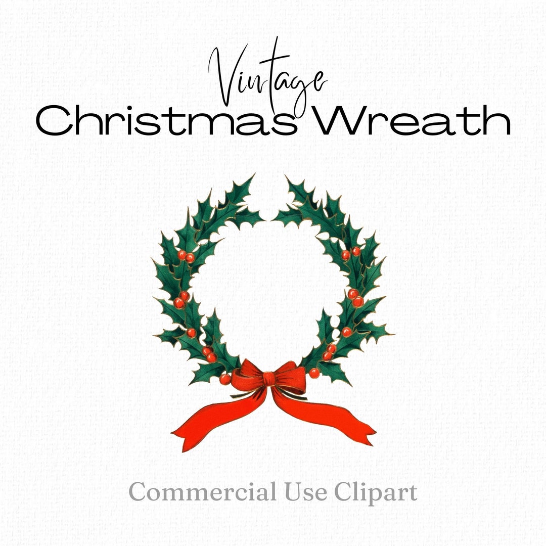 Christmas Holly Wreath Clipart, Red Ribbon, Holly Leaves, Printable ...