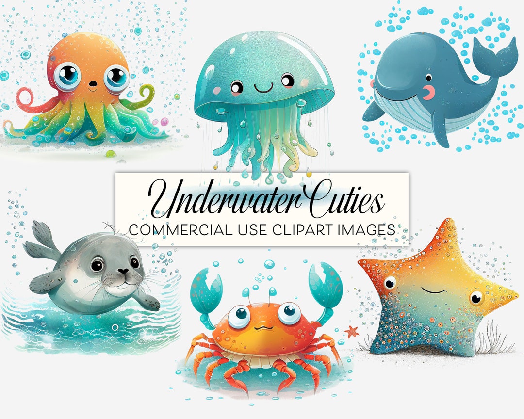Cartoon Underwater Creatures, Whale, Seal, Crab, Octopus, Jellyfish ...