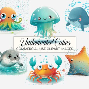 Cartoon Underwater Creatures, Whale, Seal, Crab, Octopus, Jellyfish ...