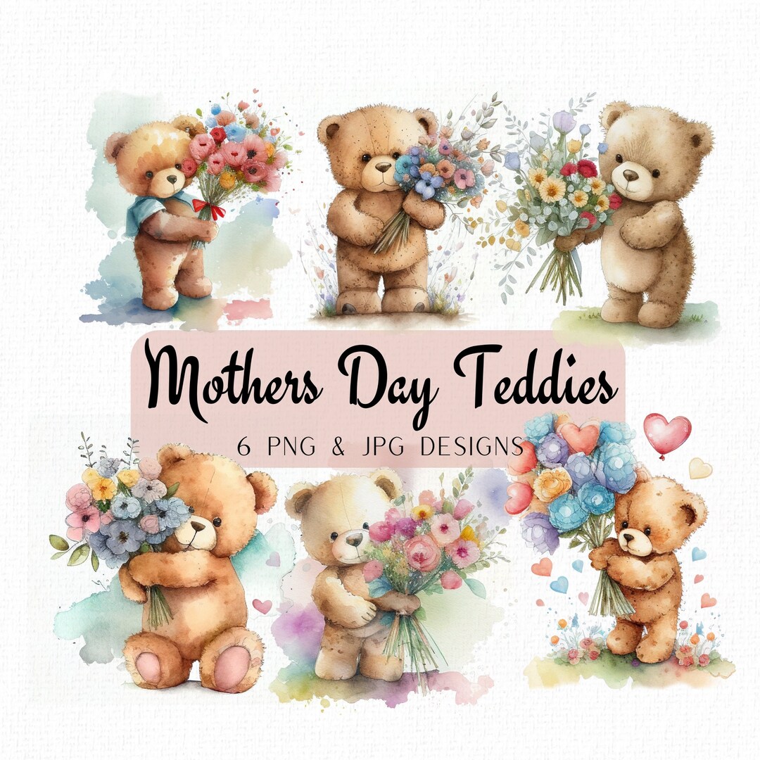 Mothers Day Clipart Bundle, Watercolour Teddy Bears With Flowers for ...