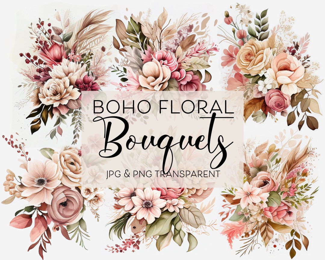 Boho Bouquet Clipart Bundle, Floral Bouquet, Boho Flowers, Wedding ...