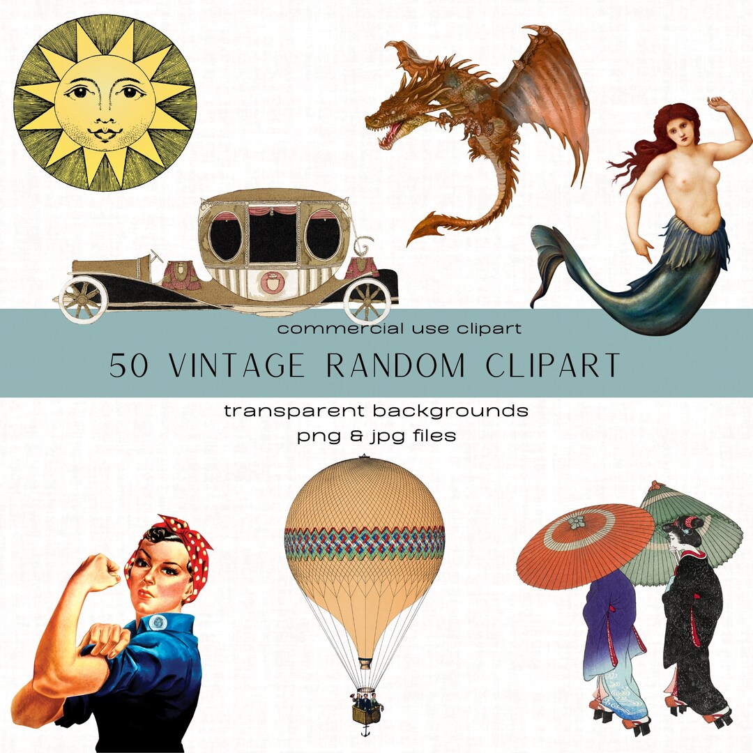50 Random Vintage Illustrations, Commercial Use Clip Art Bundle for DIY ...