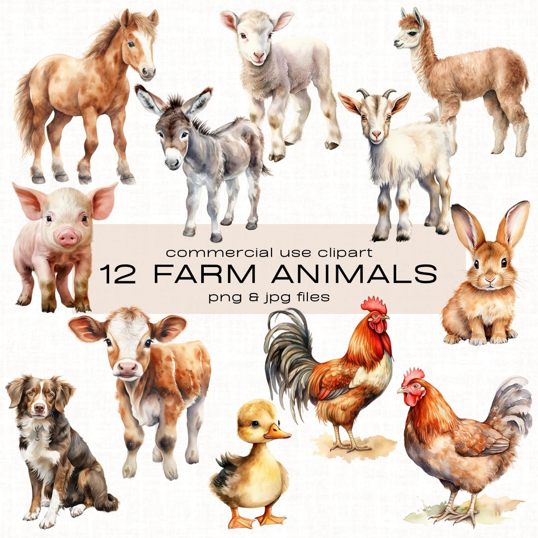 Farm Animal Clipart Bundle Watercolor Baby Animals Clip Art Set Horse ...