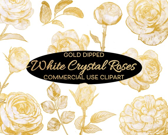 White Crystal Roses Clipart Bundle Gold Glitter Clipart - Etsy