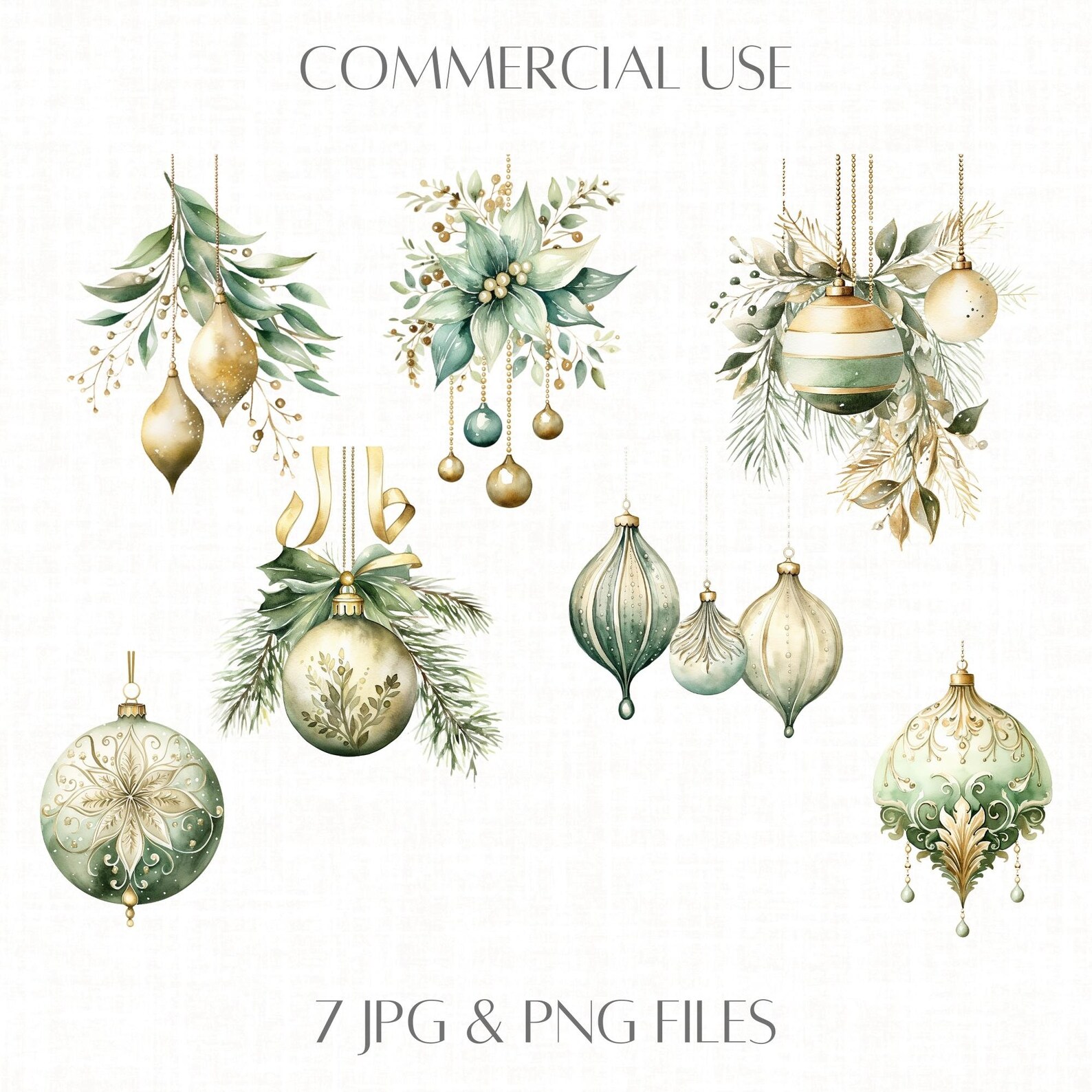 Sage Green and Gold Christmas Ornaments Clipart Bundle, Christmas ...