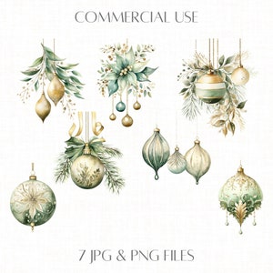 Sage Green and Gold Christmas Ornaments Clipart Bundle, Christmas ...