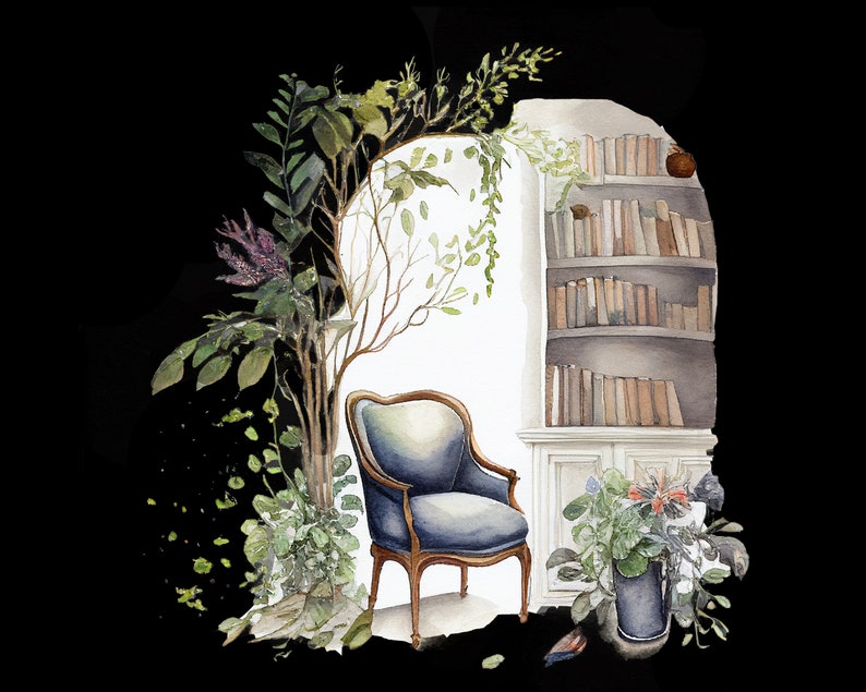 Botanical Library Clipart Secret Reading Room Library - Etsy