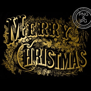 Merry Christmas Card Design, Gold Vintage Font, Antique Printable ...