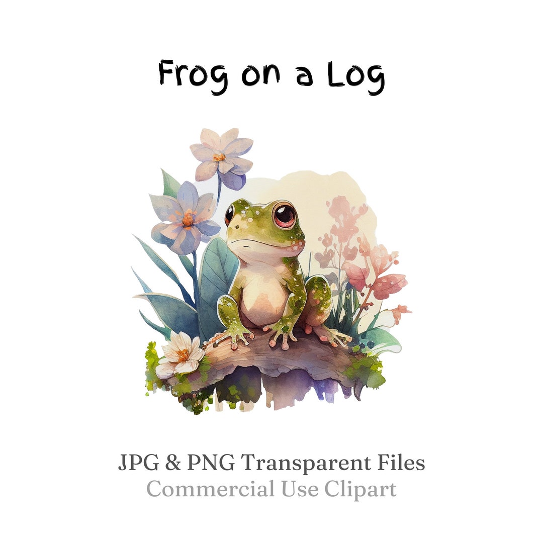 Green Frog on a Log, Cute Frog Clipart, Frog Png, Flowers, DIY ...