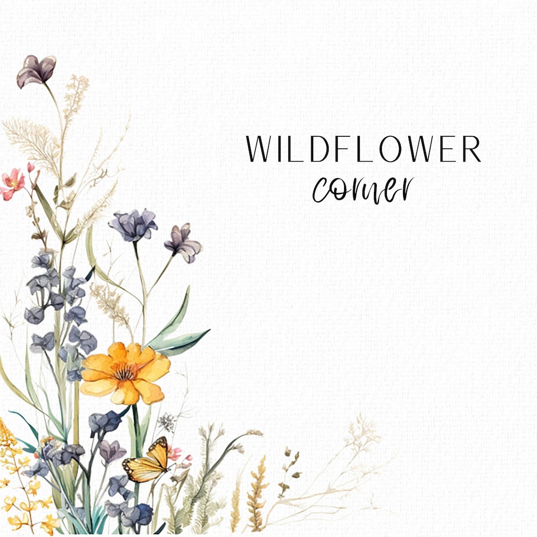Wildflower Corner Border Clipart Watercolor Floral Wedding Invite Wreath Wildflower Invitation ...