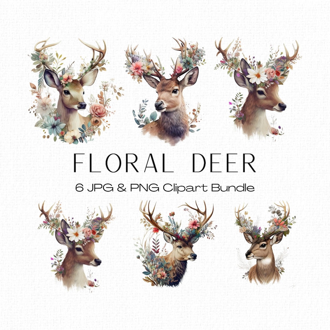 Floral Deer Clipart Bundle Deer Antlers Png Floral Antlers Botanical ...