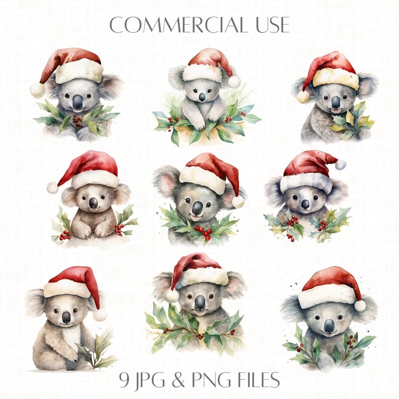 Koala Christmas Clipart Bundle, Santa Hats, Aussie Christmas ...
