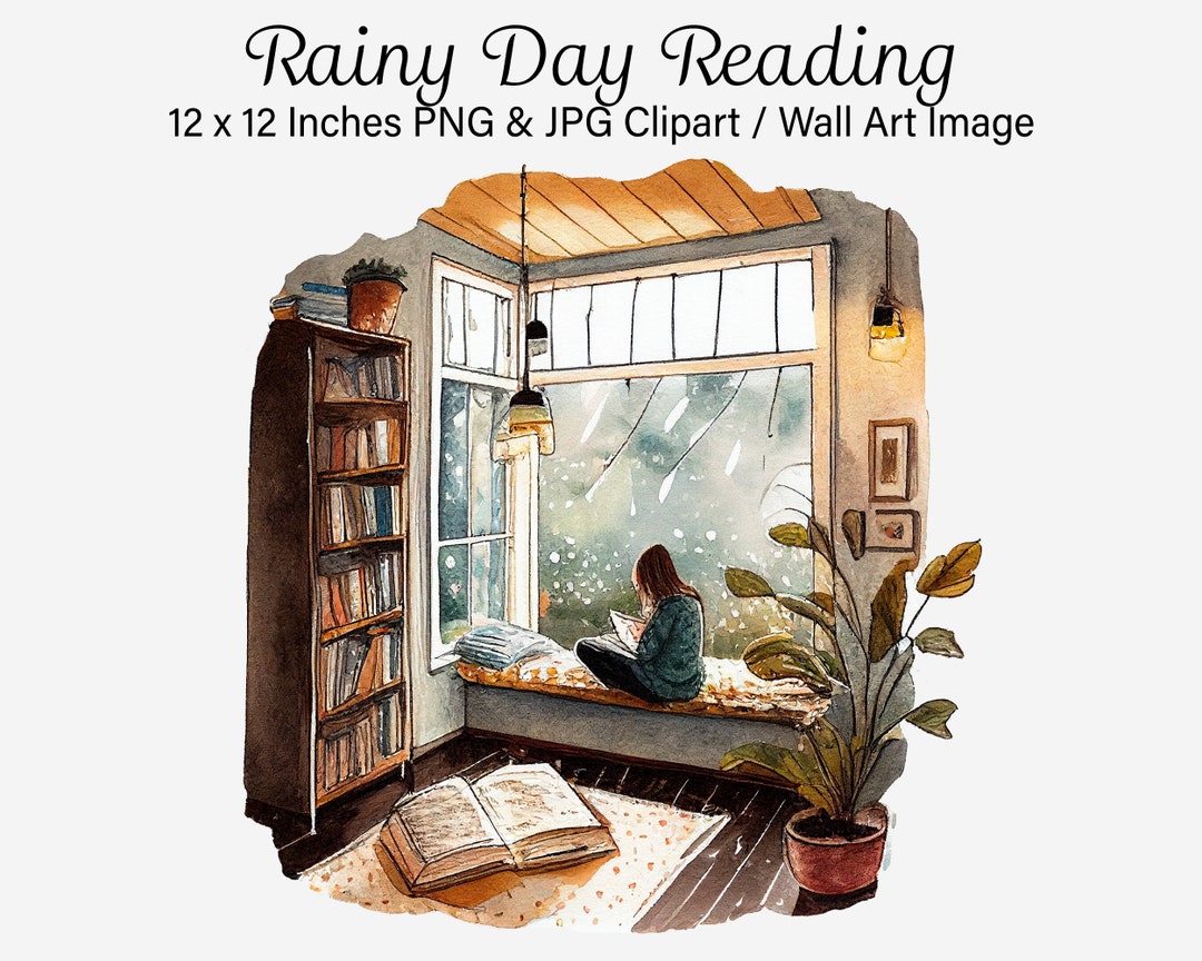Rainy Day Reading, Reading Clipart, Window Ledge, Clipart for Book Lover Gift, Girl Reading ...