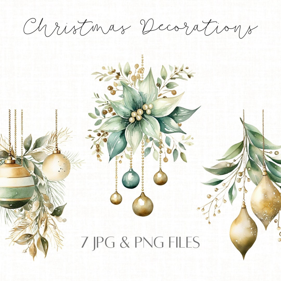 Sage Green and Gold Christmas Ornaments Clipart Bundle, Christmas ...