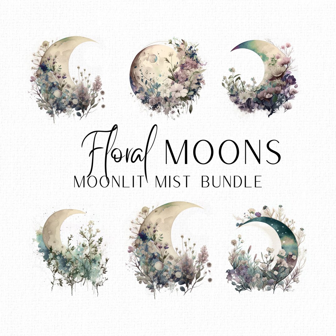 Moonlit Mist Watercolor Moon Clipart Floral Moon Clipart Celestial ...