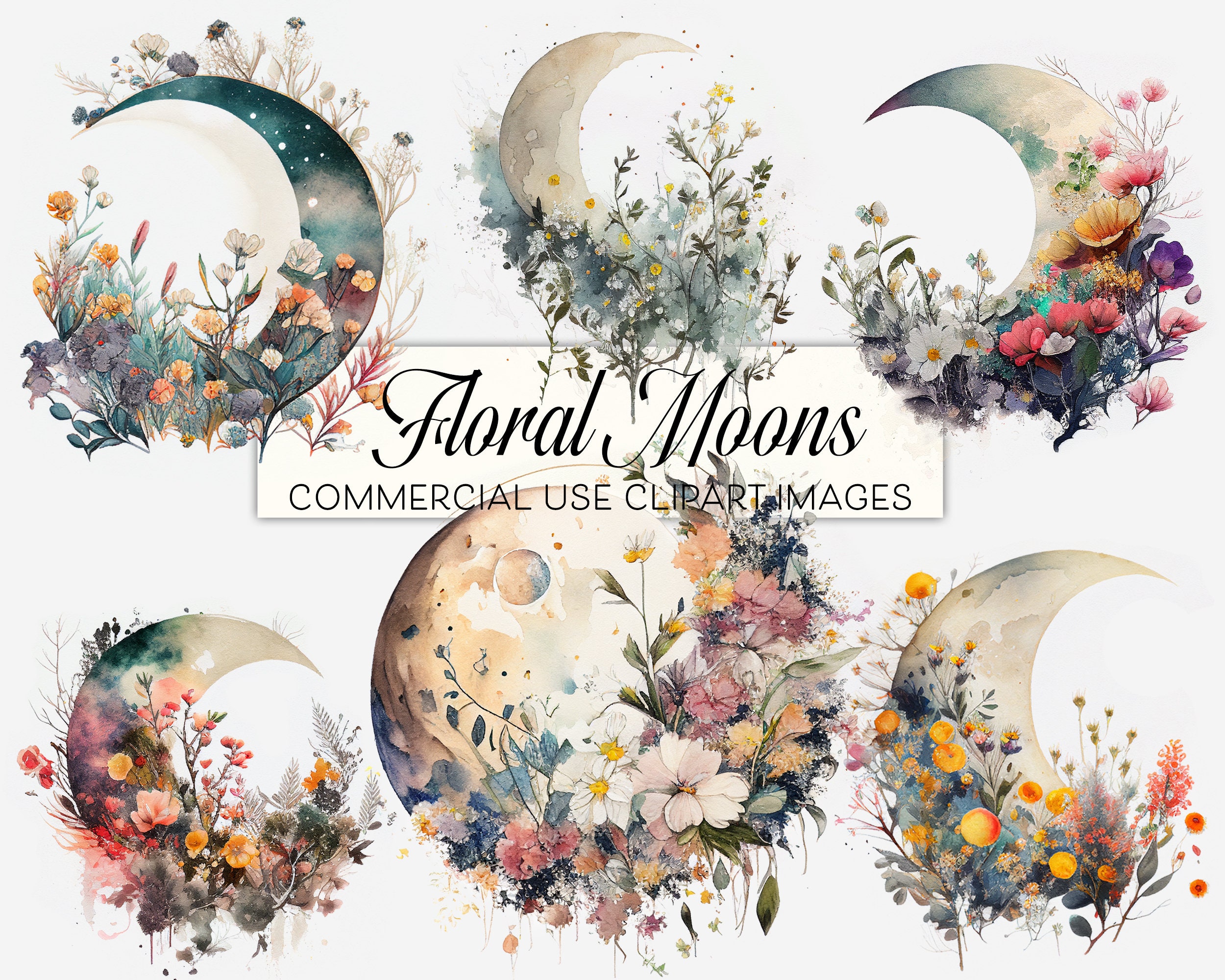 Floral Moon Clipart Bundle Moon Crest Clip Art Watercolour - Etsy Canada