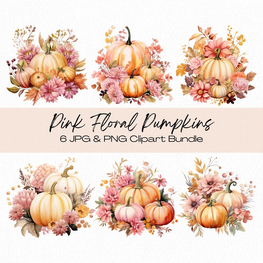 Thanksgiving Clipart Watercolor Autumn Pink Floral Watercolor Pumpkin ...
