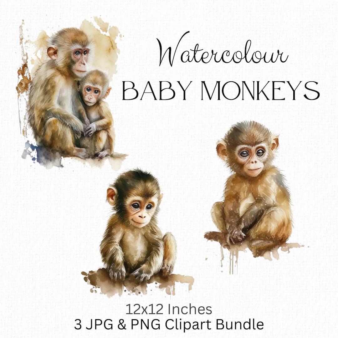 Baby Monkey Clipart Bundle, Mother and Baby Monkey, Watercolour Monkeys ...