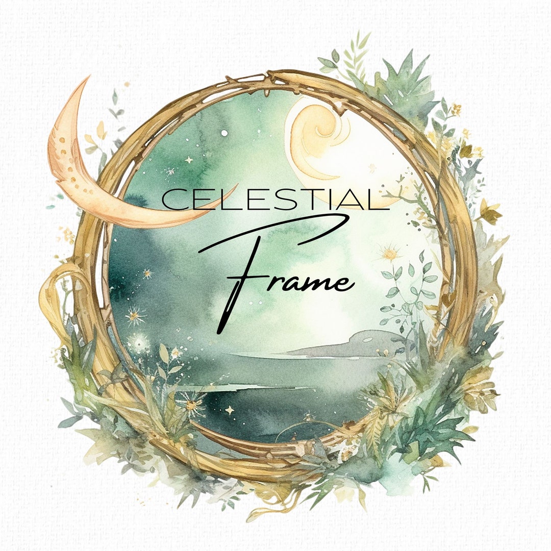 Green Gold Celestial Frame, Watercolour Frame Clipart, Sun and Moon ...