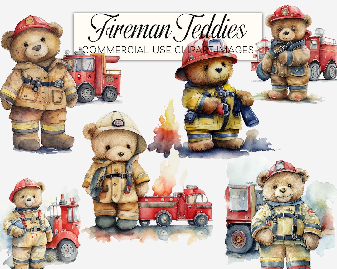 Fireman Teddy Bears Clipart Fire Truck Fire Fighters Wall - Etsy